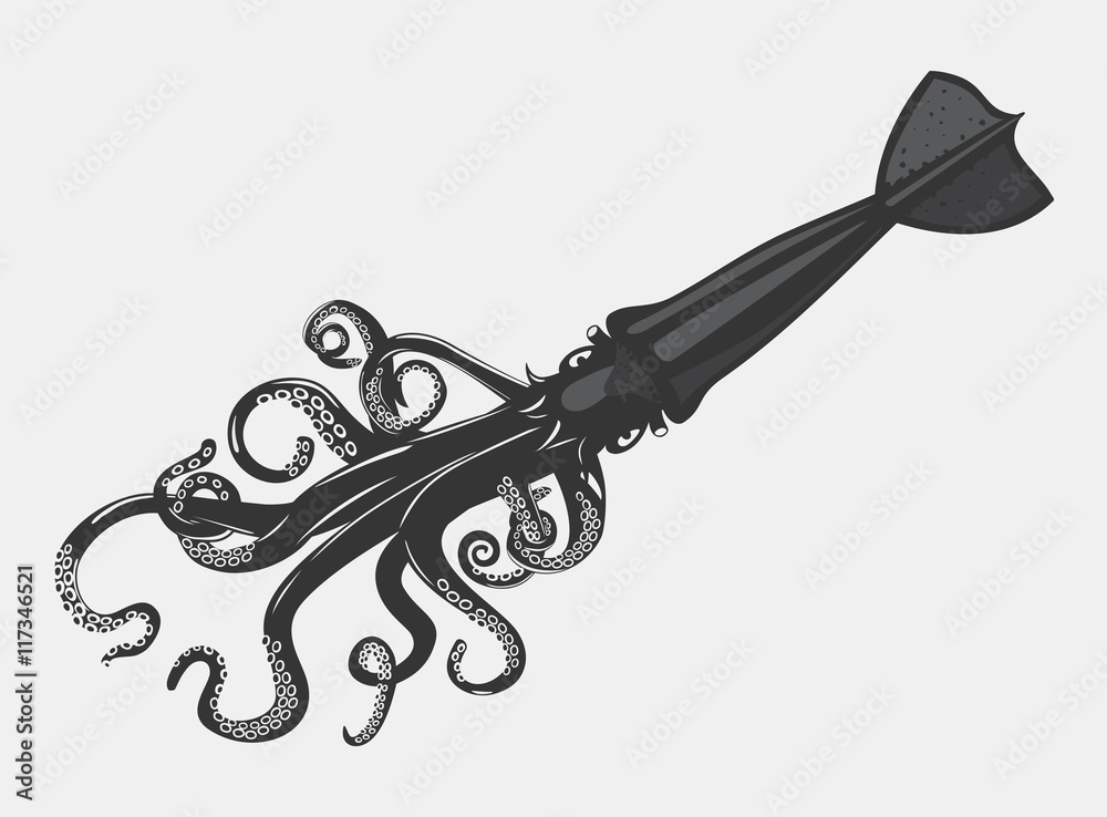 Cartoon squid or calamari with feeding tentacles Stock Vector | Adobe Stock