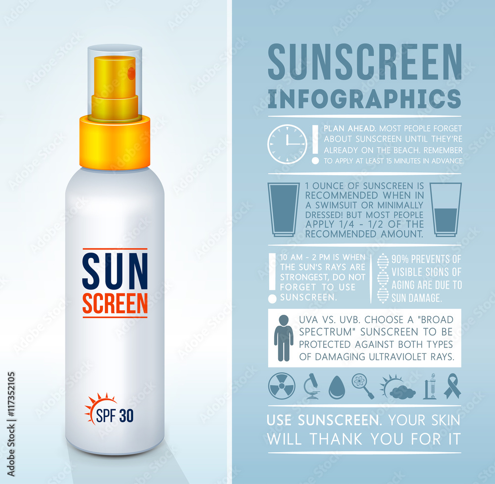 Sun protection infographics. Sunscreen spray. Sun safety tips. sunblock ...