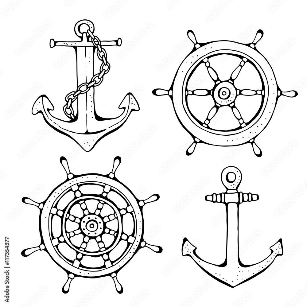 Ship Wheel And Anchor Drawing