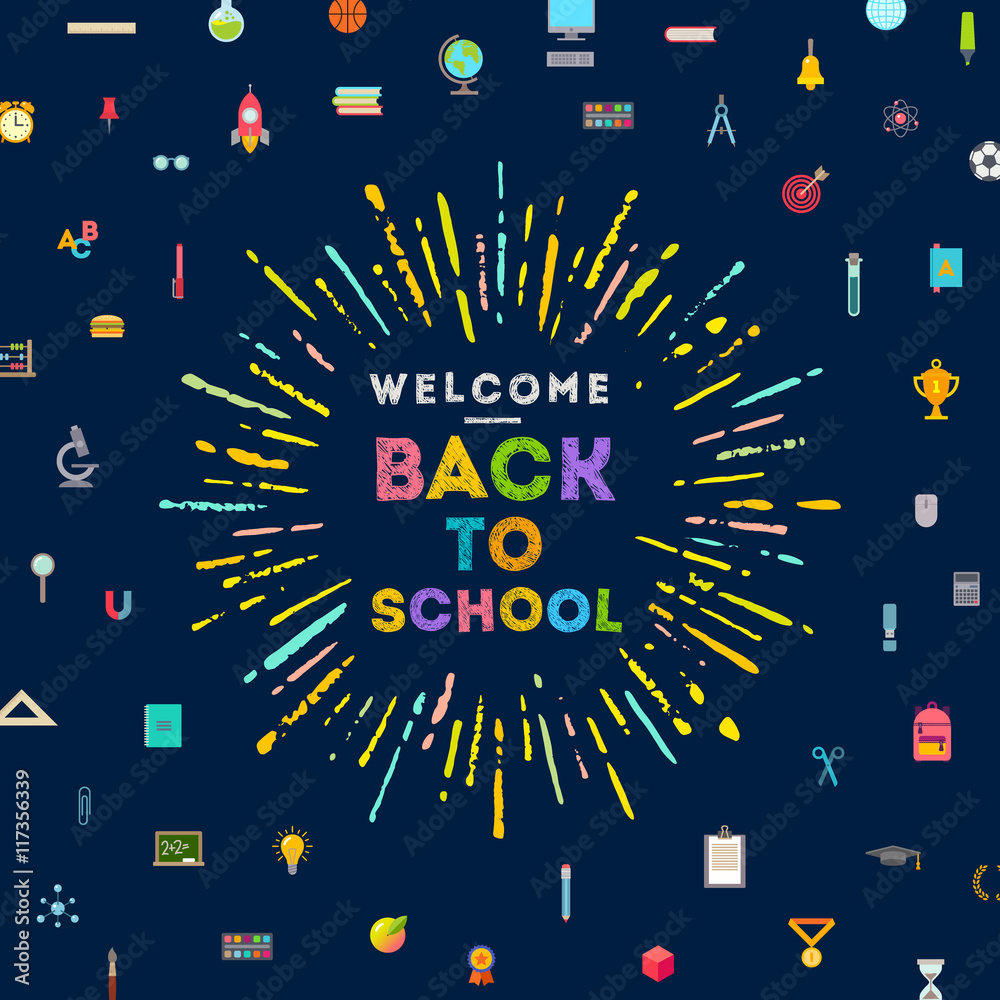 Welcome back to school greeting with multicolored sunburst a background ...