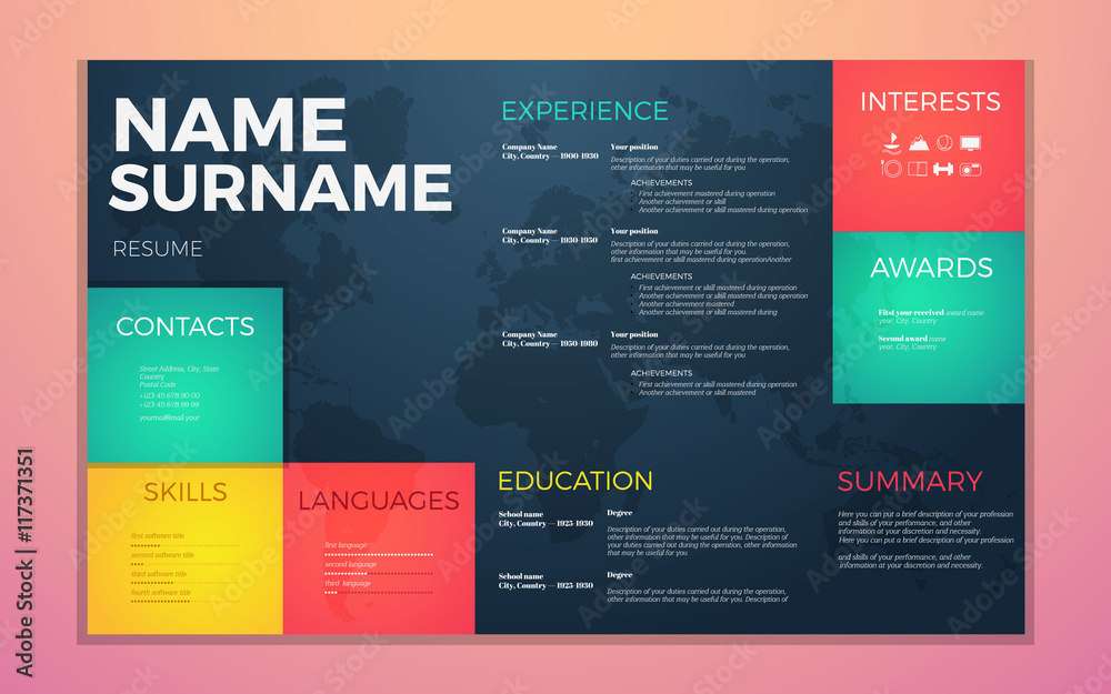 modern cv resume template. Bright contrast colors infographic with ...