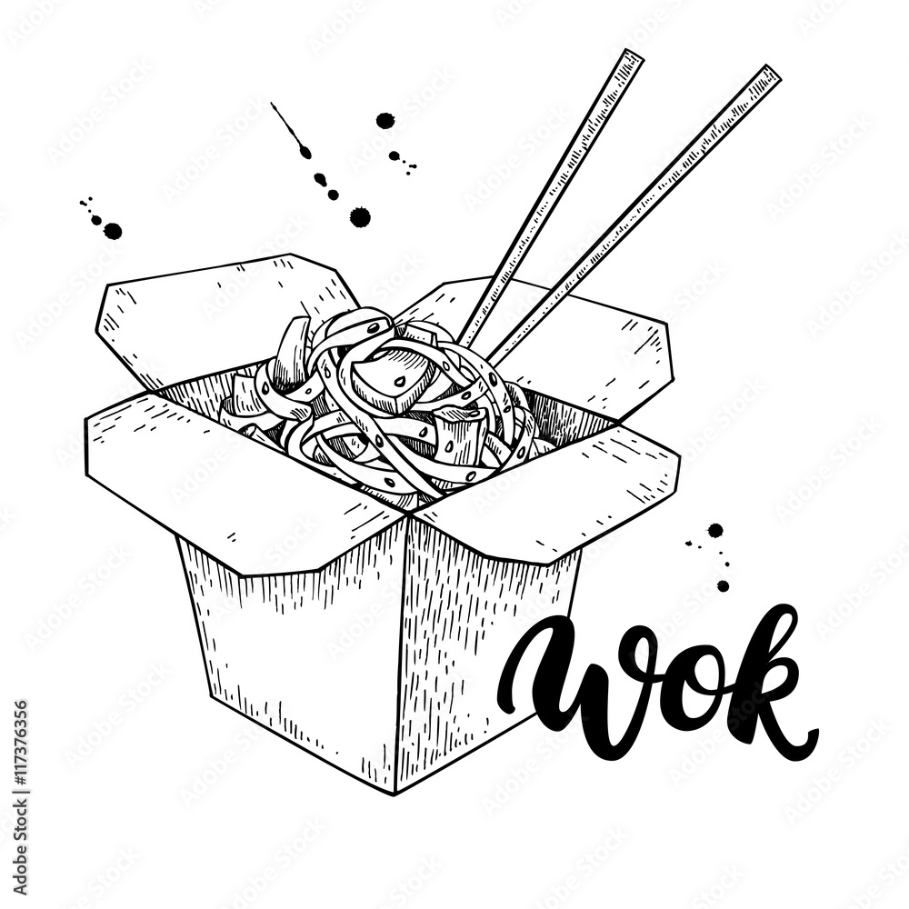 Wok vector drawing with lettering. Isolated chinese box and chop Stock ...