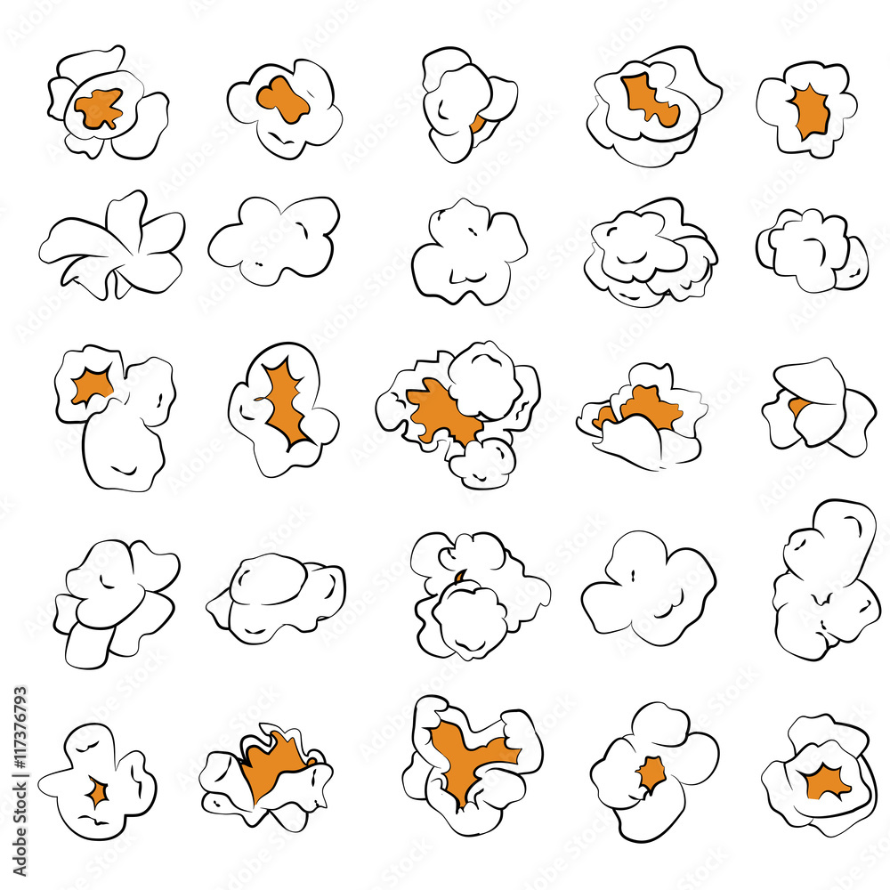 Hand drawn popcorn of various forms. Isolated popcorn slices on white ...