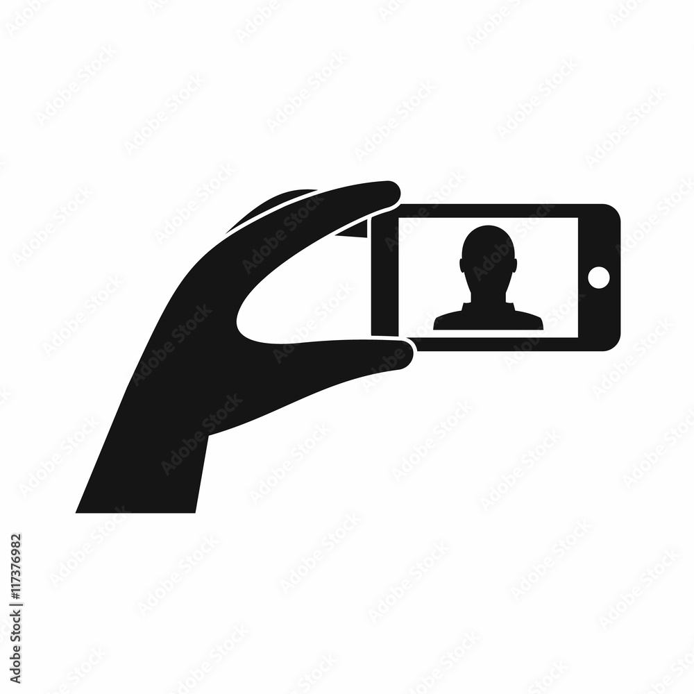 Hand holding mobile phone with photo icon in simple style isolated on ...