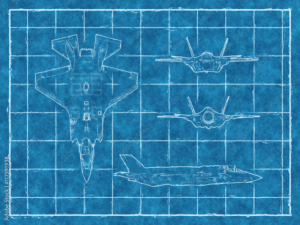 Blueprint of a jet F35 aircraft with four views. 3d rendering Stock ...