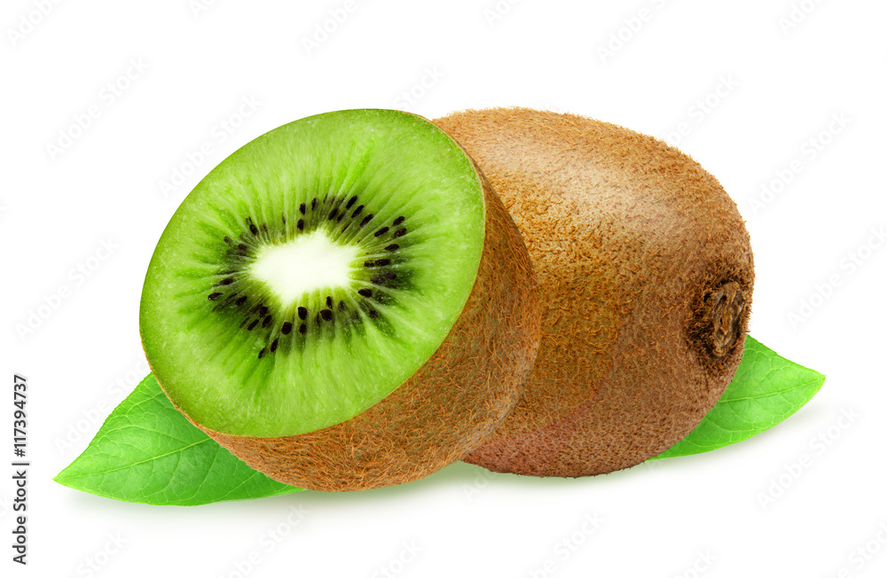 Juicy whole kiwi and section with leaves isolated on white background ...