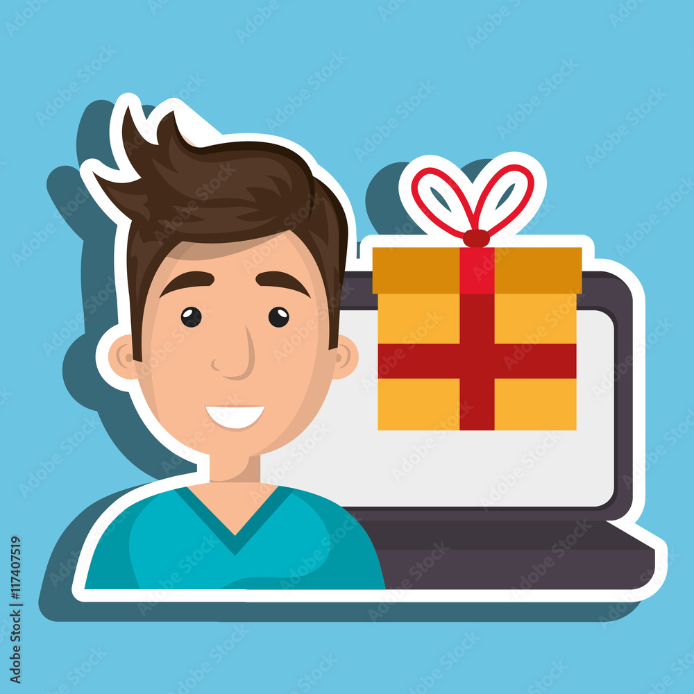 cartoon man next to a laptop and a big colured gift in the creen Stock ...