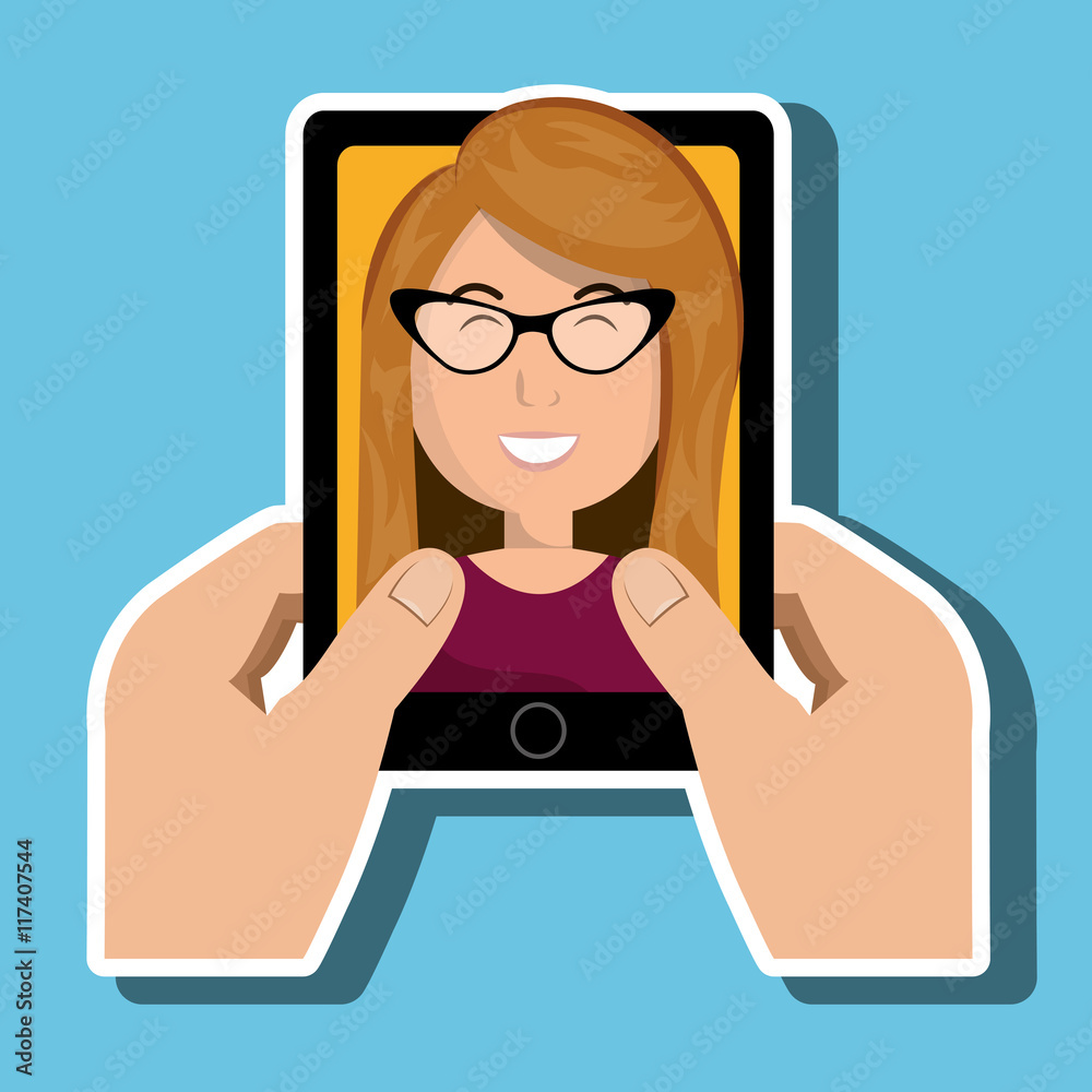 cartoon hands holding an smartphone with a cartoon woman in the Stock ...