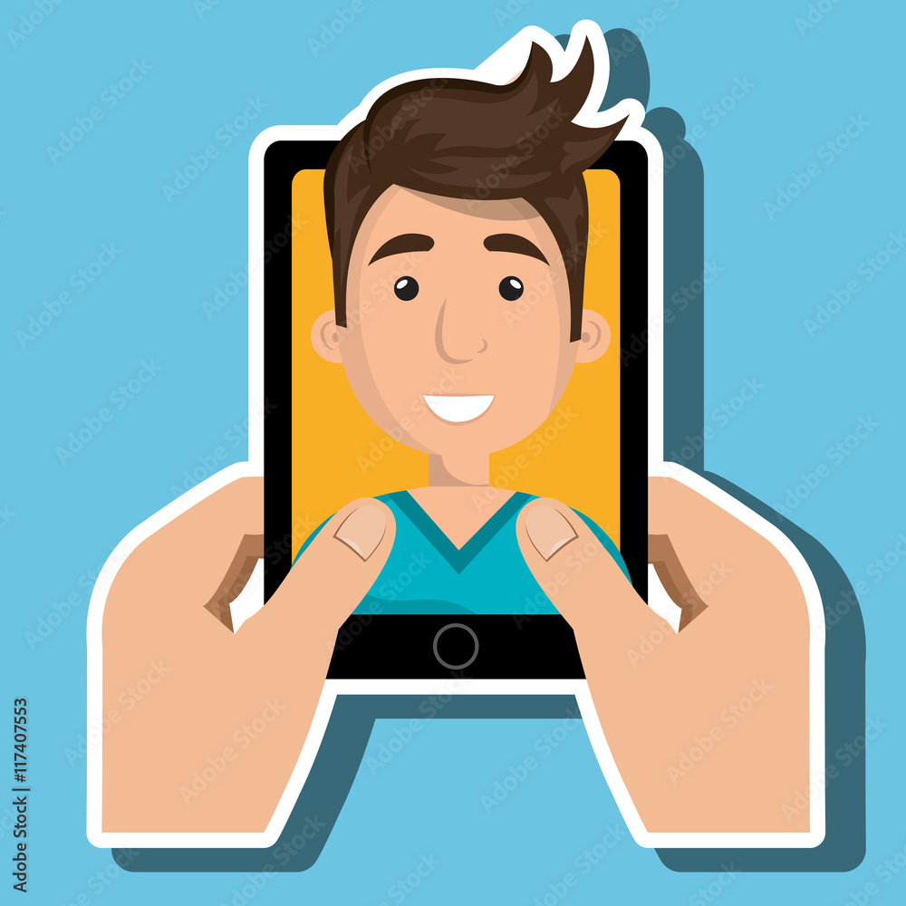 cartoon hands holding smartphone with a cartoon man in the scree Stock ...