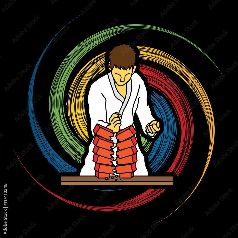 Karate man breaking bricks designed on spin wheel background graphic ...
