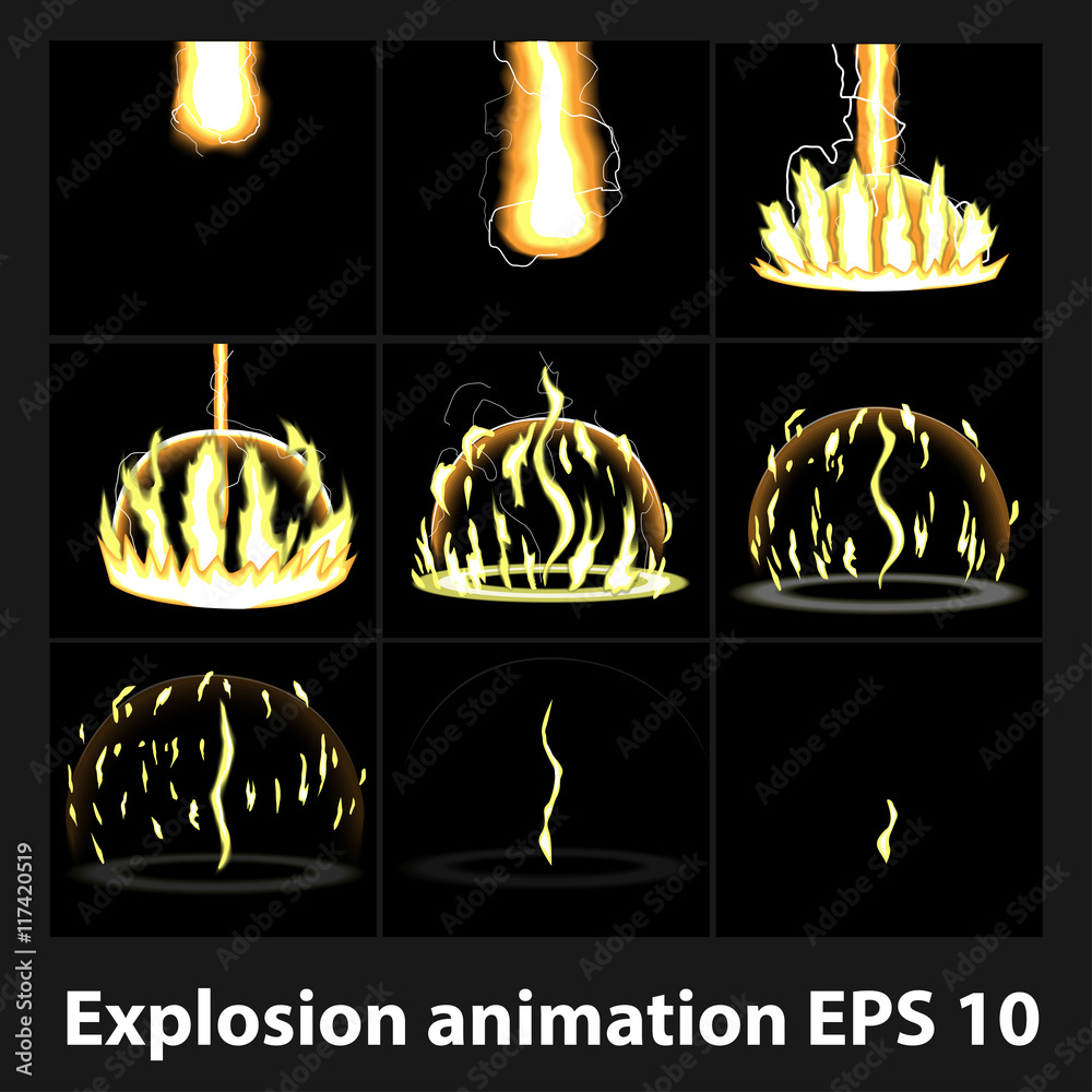 Explosion, cartoon animation frames for game. Sprite sheet on dark ...