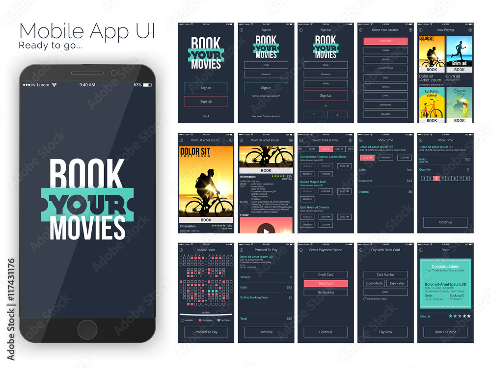 Online Movie Tickets Booking Mobile UI design. Stock Vector | Adobe Stock
