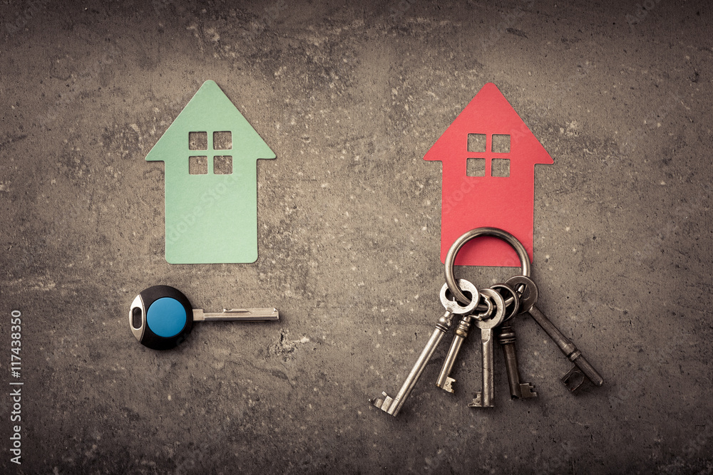 Key and house symbol. Green and red houses and old and new keys ...