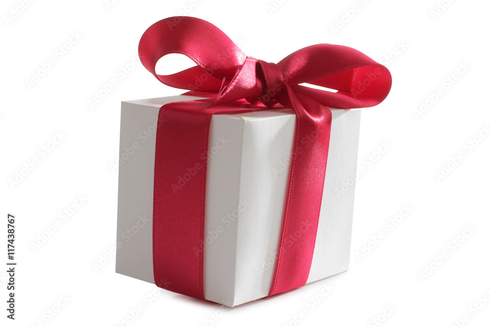 Box and red ribbon on white background Stock Photo | Adobe Stock