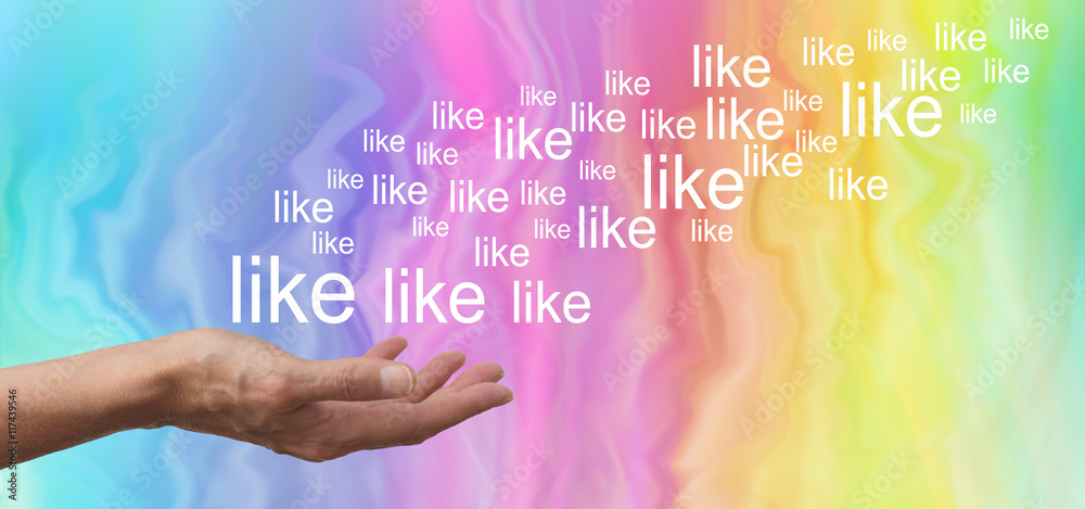Like like like - rainbow colored wide banner with a female hand palm up ...