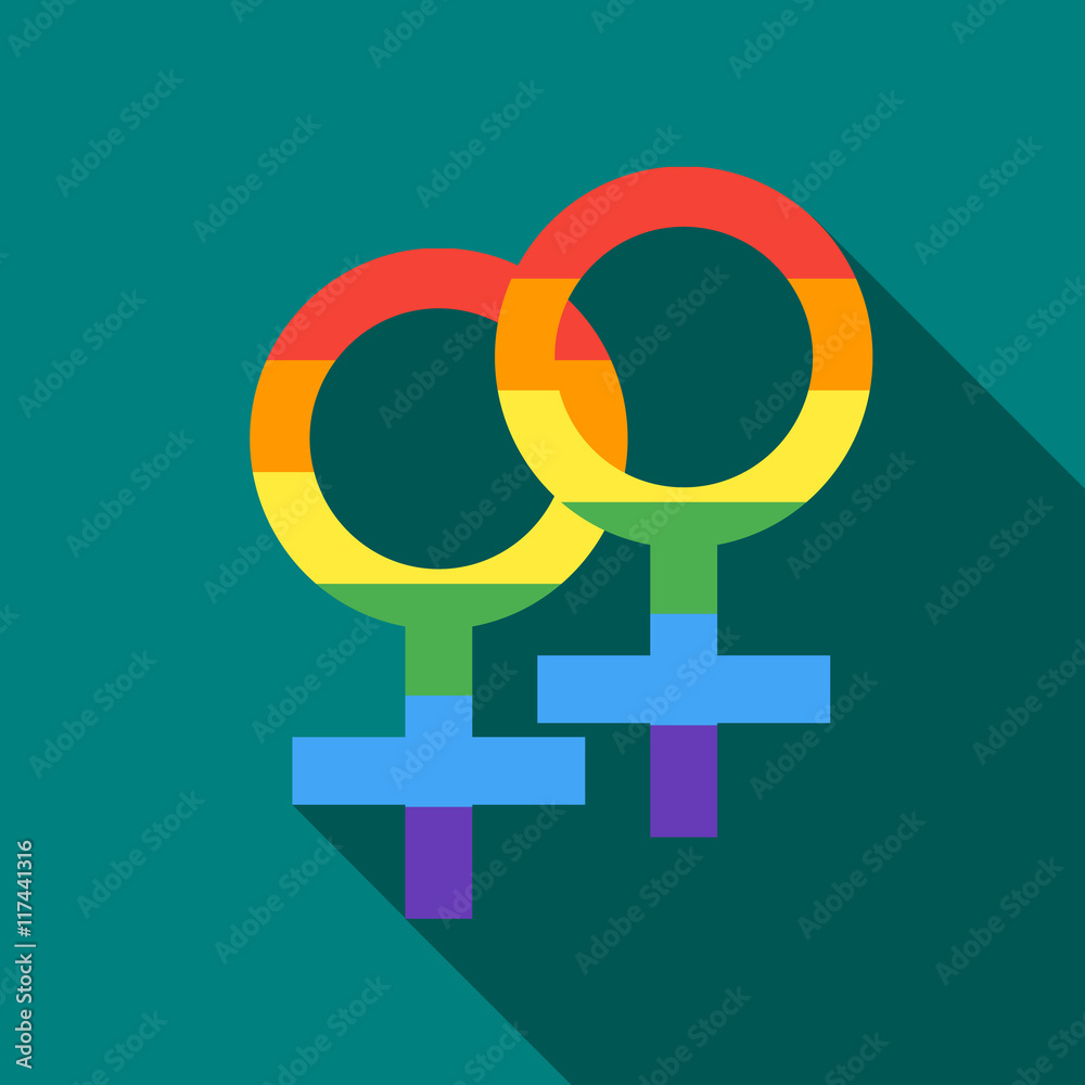 Two female rainbow gender symbols icon in flat style on a turquoise ...