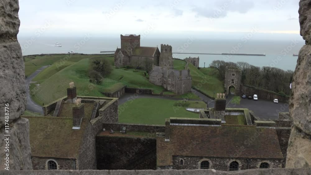 Dover medieval Church from Castle window ferry. Founded in the 11th ...