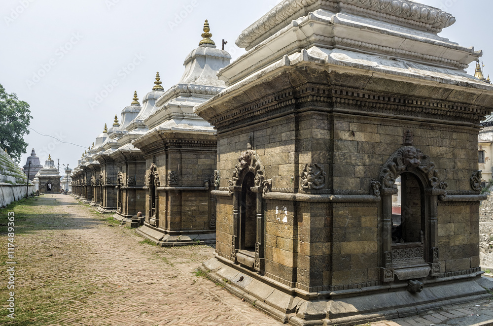 Votive temples and shrines in a row at Pashupatinath Temple, Kathmandu ...