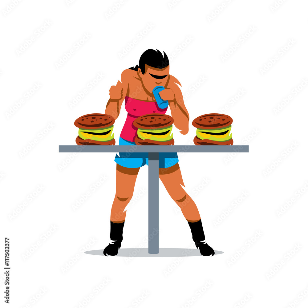 Vector Athlete on fast food speed eating Cartoon Illustration. Stock ...