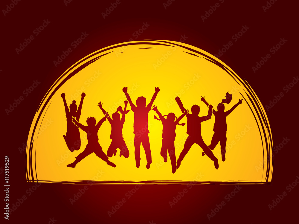 Group of children jumping , Front view designed on moonlight background ...