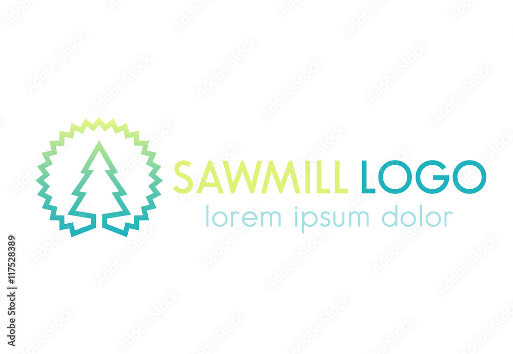 Sawmill logo line design template, sawmill disk and tree outline ...