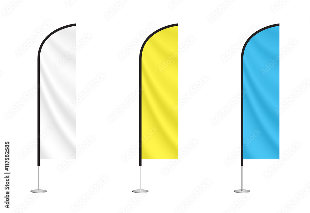 white, yellow and blue feather flag mock ups. vector advertising flags ...