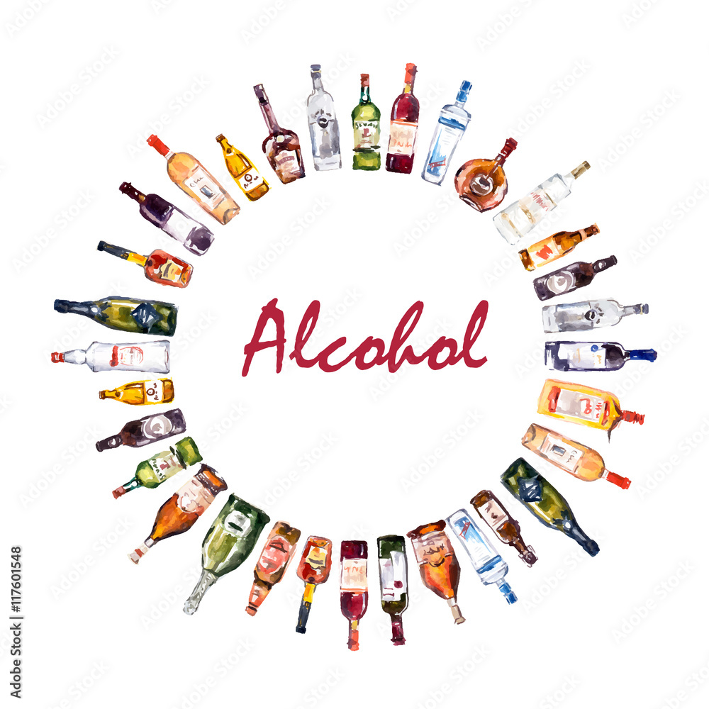 Circle frame from different bottles. Watercolor hand drawn vector ...