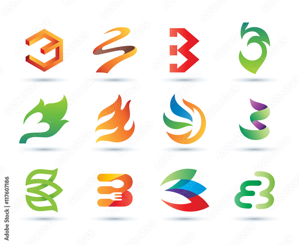 Set of Abstract Number 3 Logo - Vibrant and Colorful Icons Logos Stock ...
