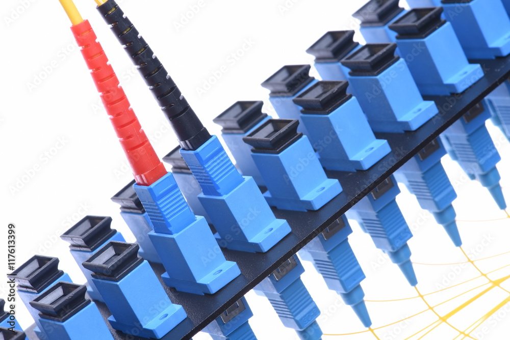 Fiber optical network cable with optical distribution frame isolated on ...