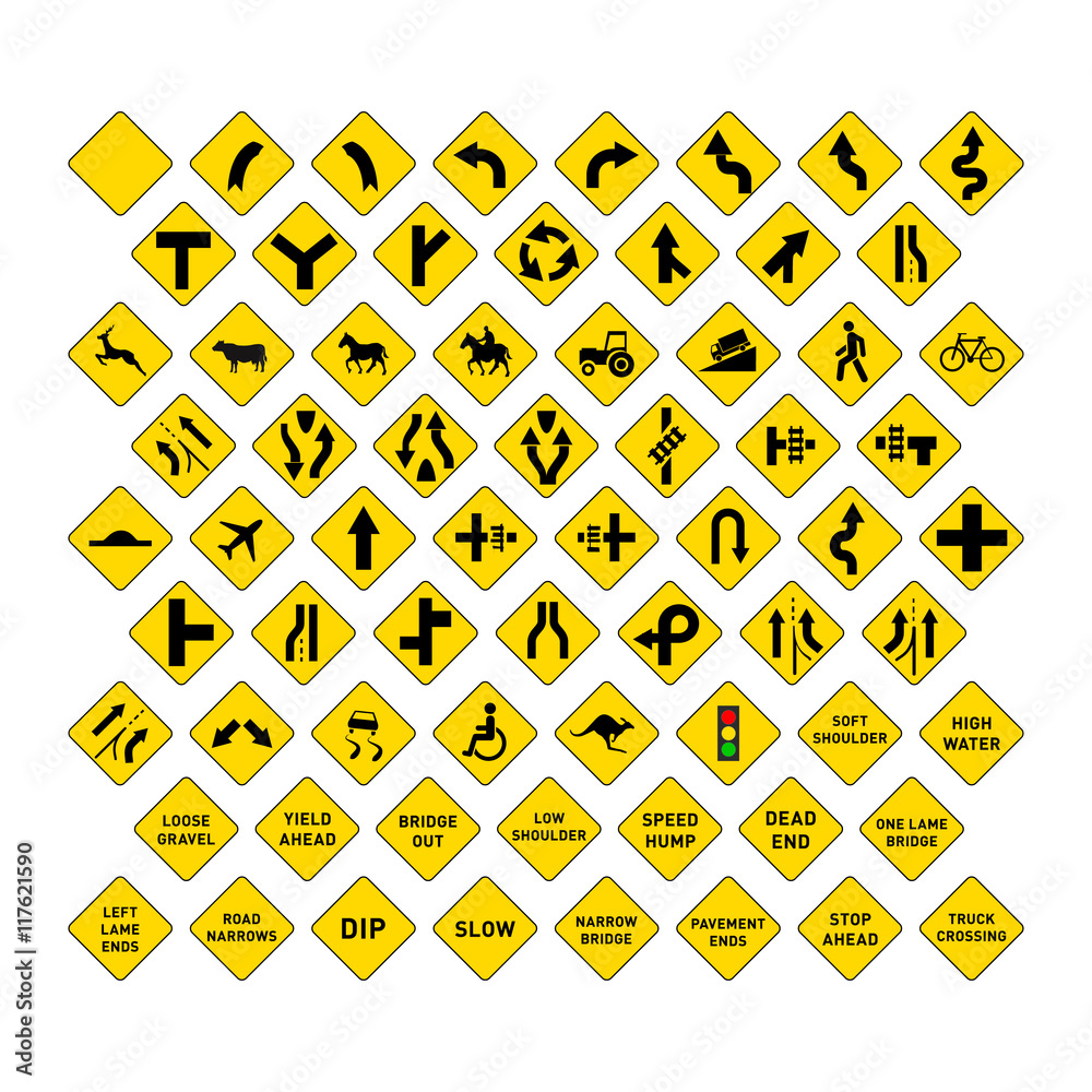 Big set of yellow road signs on white Stock Vector | Adobe Stock
