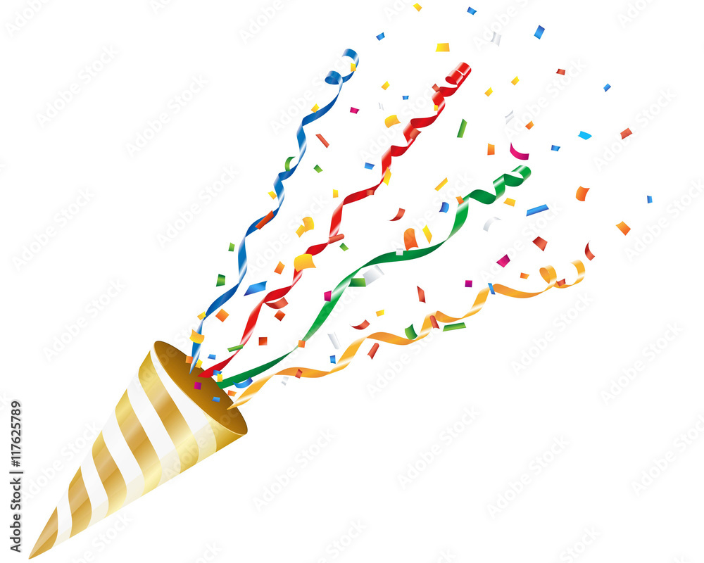 Exploding party popper with confetti and streamer on white background ...