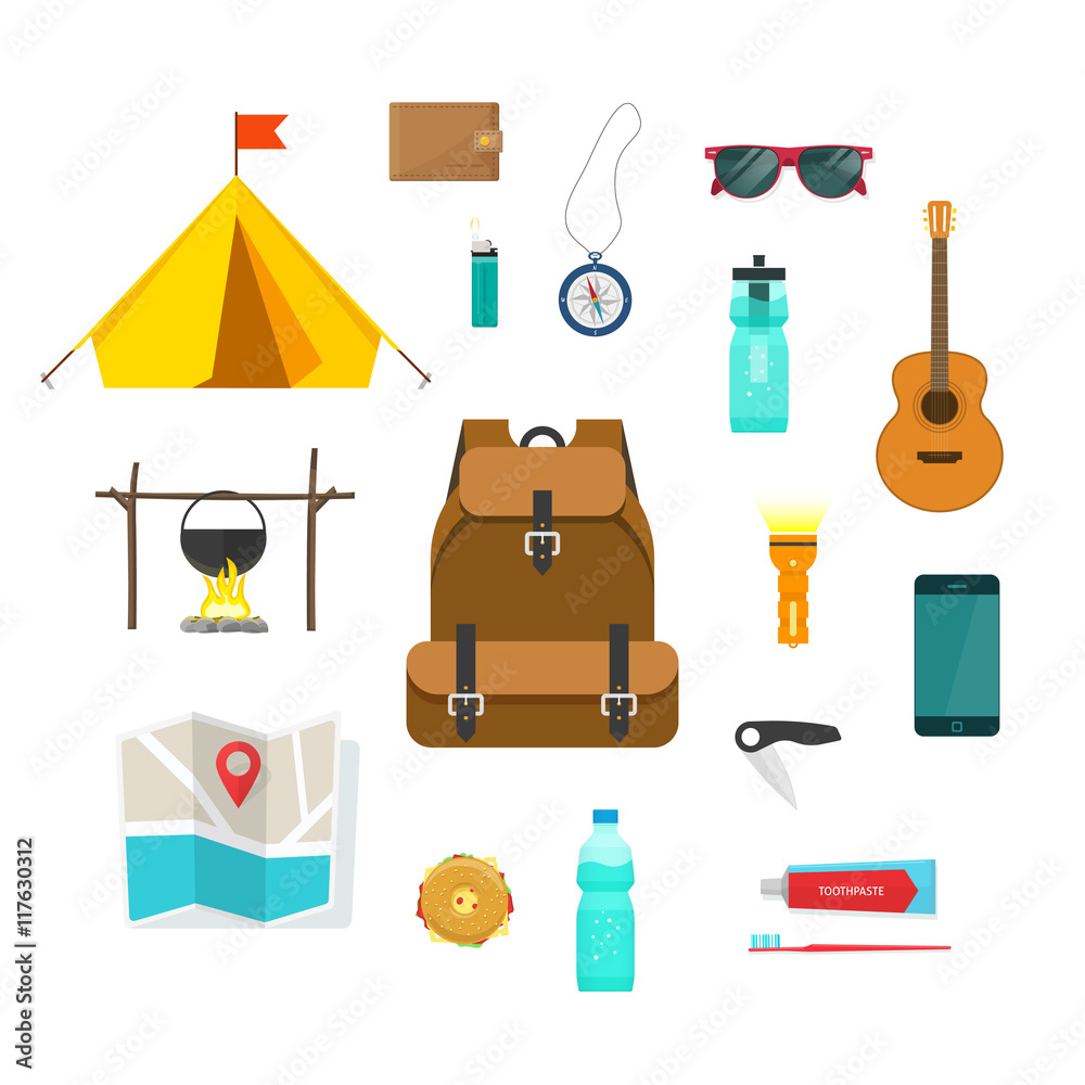 Backpacking hiking things collection vector set isolated on white ...