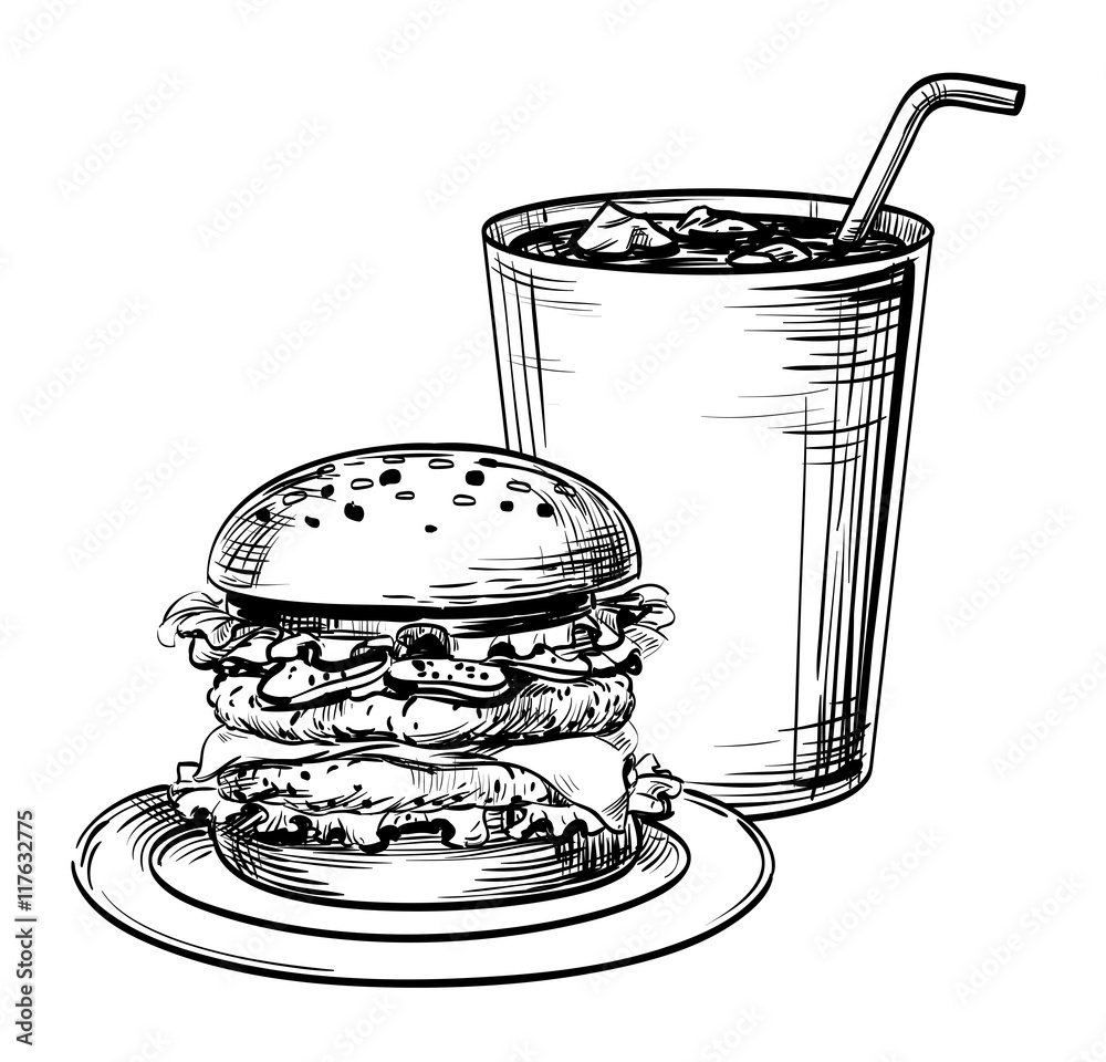 Sandwich, hamburger or burger fast food and drink cocktail, soda or ...