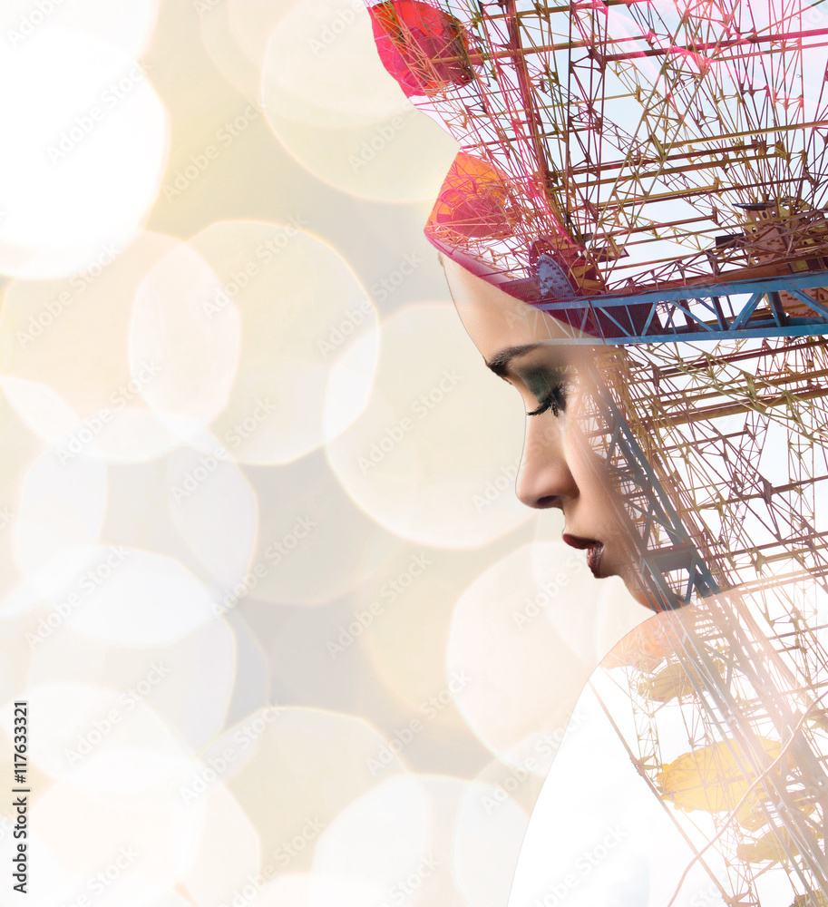 Beautiful model face double exposure shot with observation wheel and ...