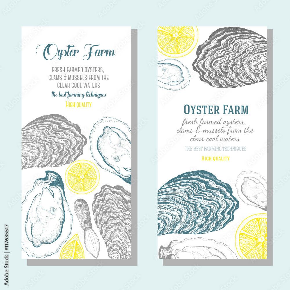 Oyster vertical banner collection. Oyster hand drawn in ink ...