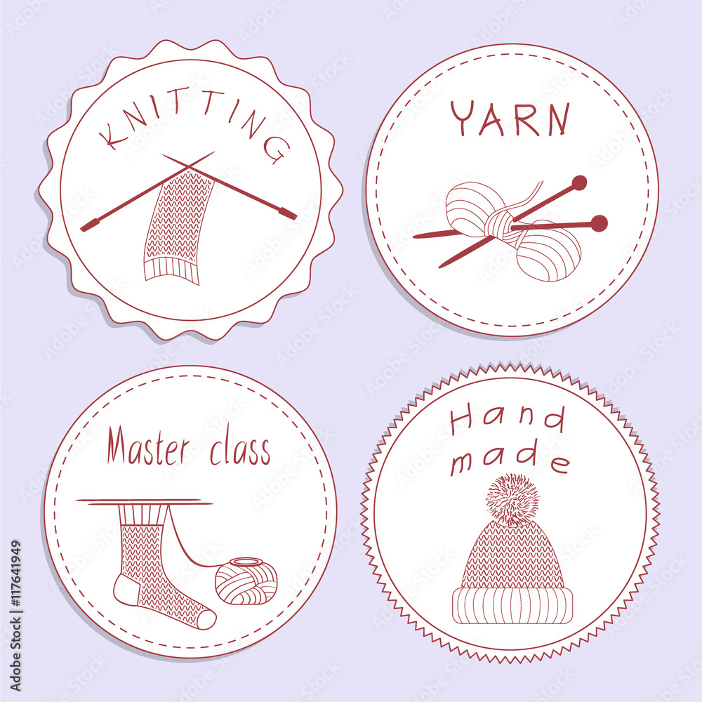Set of round badges with knitting needles, sock, scarf, hat. Stock ...