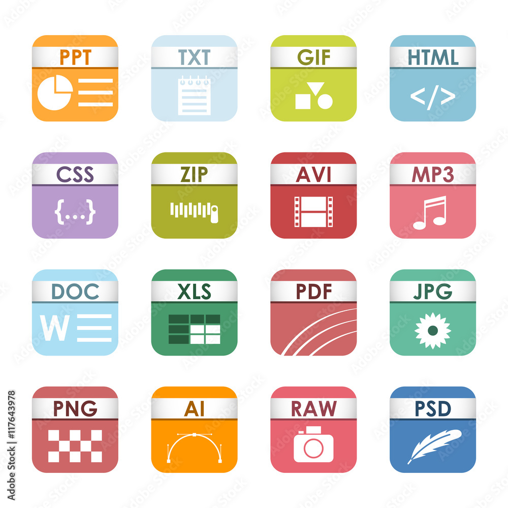 Simple vector square file types and formats labels icon set. File type ...