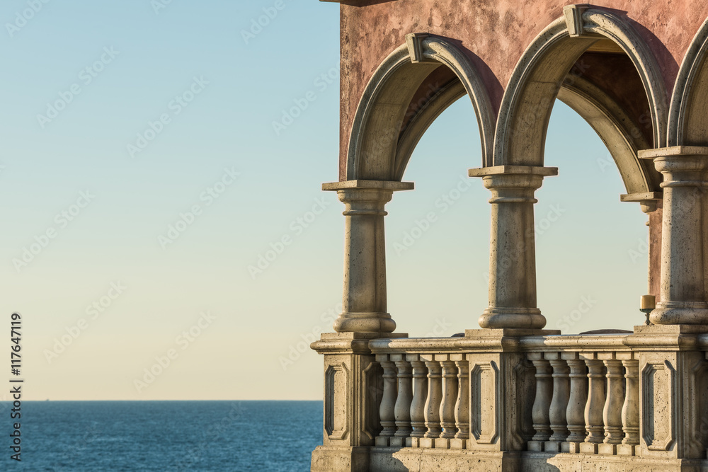 Italian mansion with columns on balcony and as beach house with pacific ...