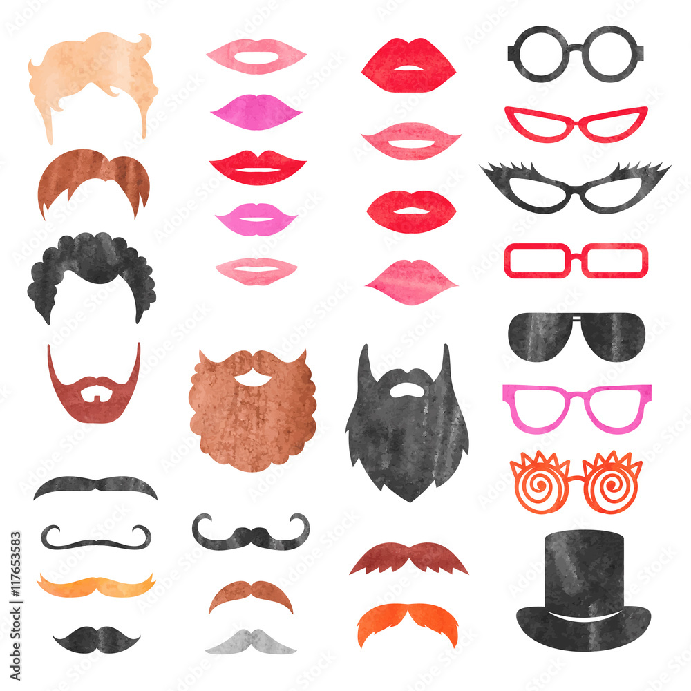 Watercolor props set. Vector collection of mustache, beards, haircuts ...