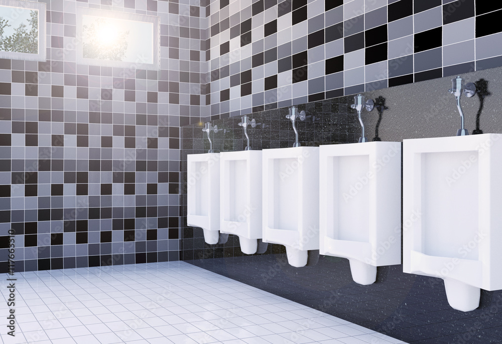 Public men's toilet room interior with white urinals row on tiles wall ...