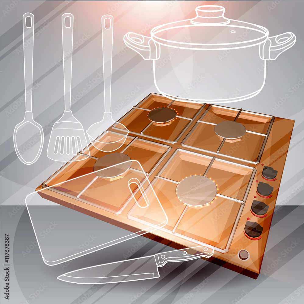 Vector illustration of the gas stove with cooking elements. Art for web ...