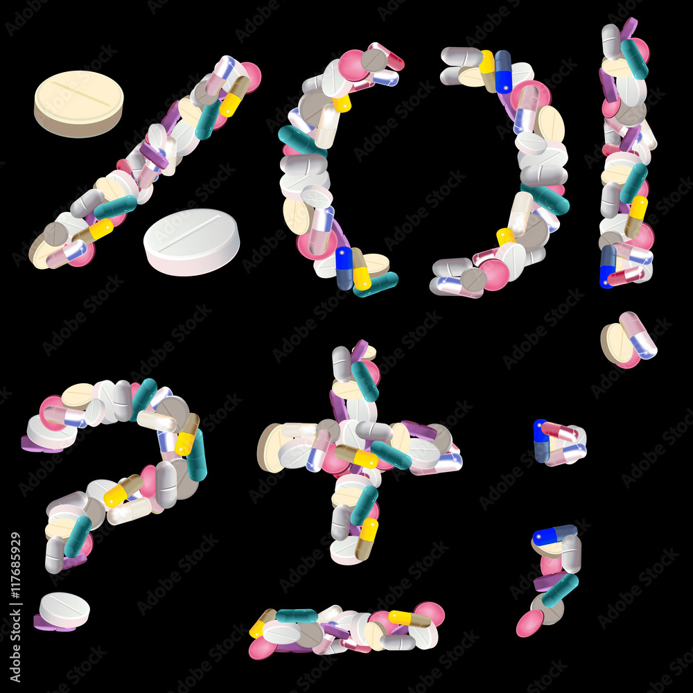 drugs on black background color alphabet characters from tablets and ...