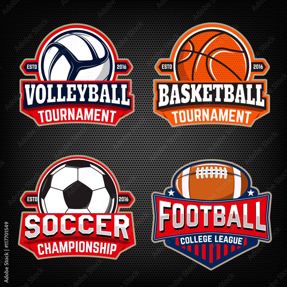 Set of basketball, football, soccer, volleyball labels templates Stock ...
