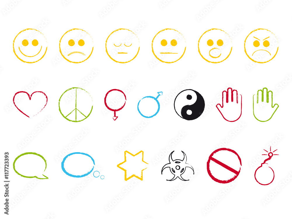 Set of graphic grunge symbols. Colored graphical icons. Social symbols ...