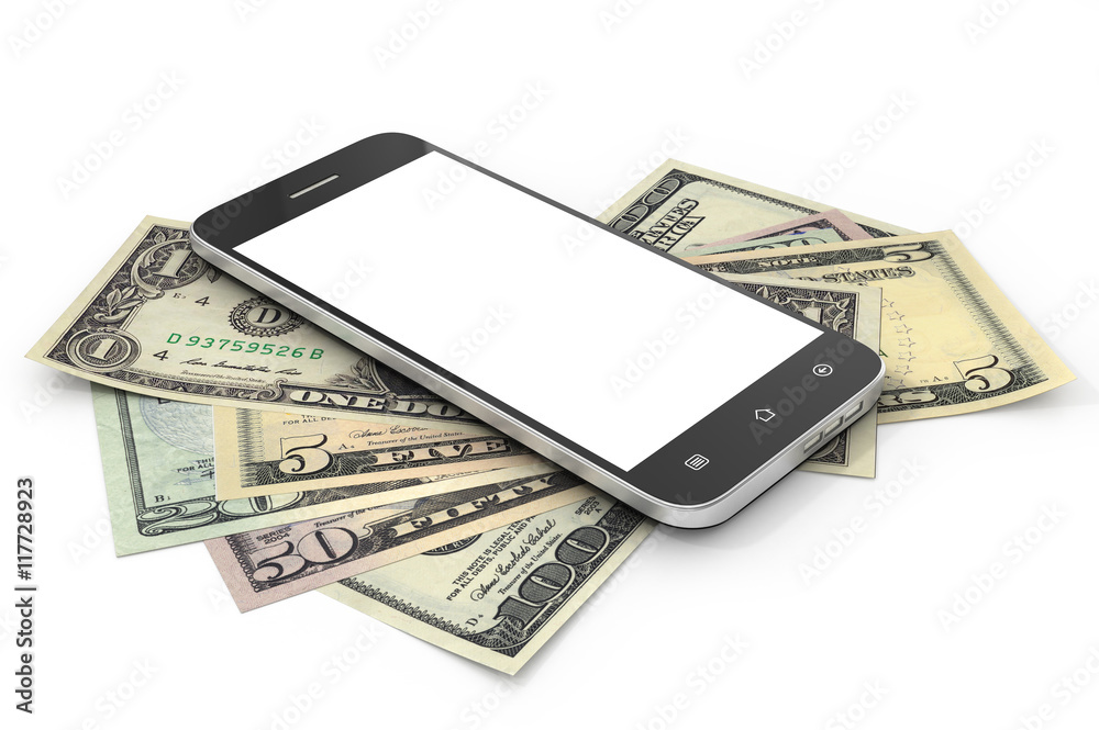 Mobile phone and money on white background. Concept of payment a Stock ...