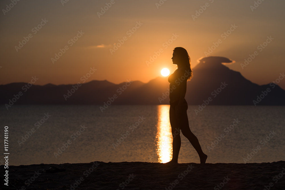 Beautiful woman silhouette on the beach Stock Photo | Adobe Stock