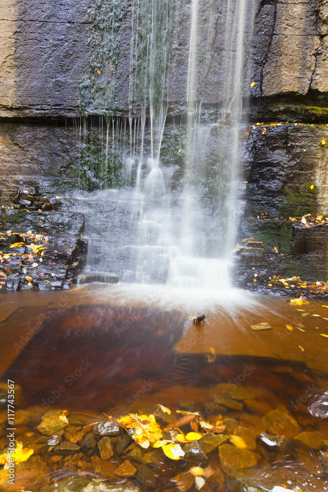 Waterfall with autumn leaves Stock Photo | Adobe Stock