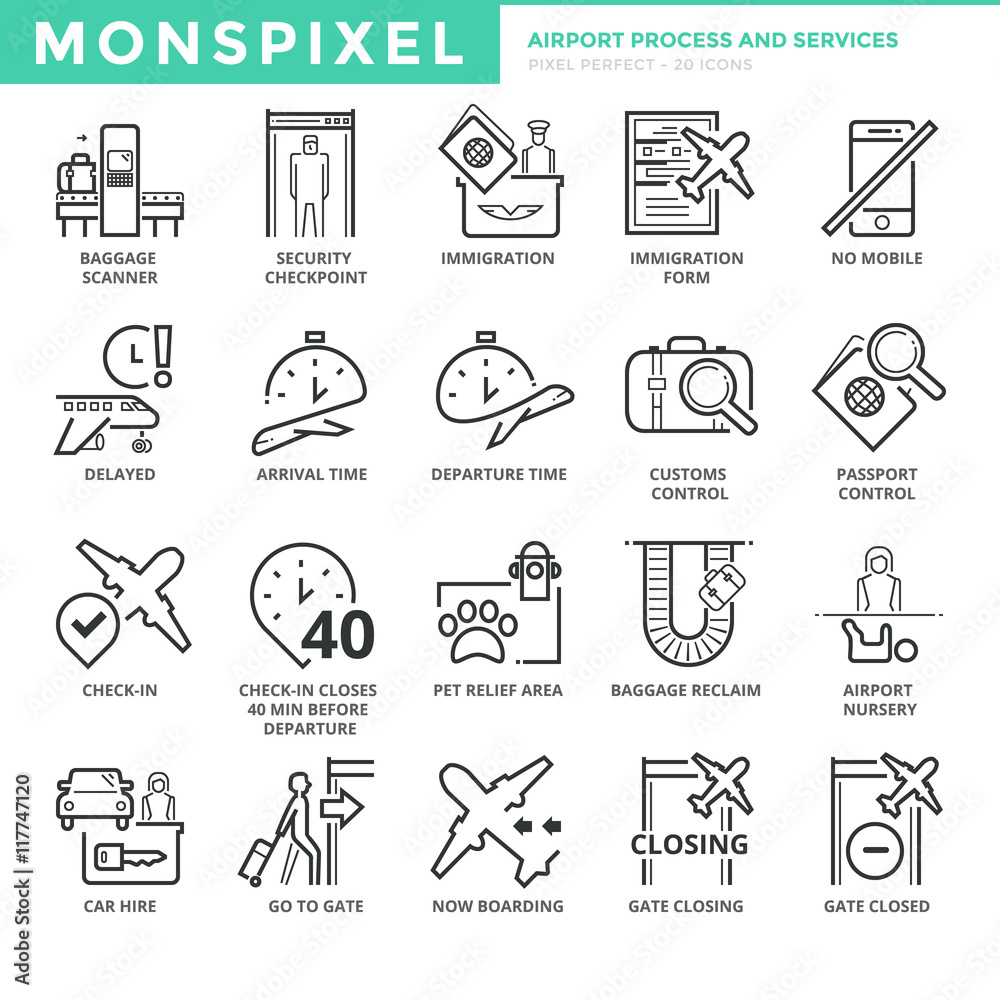 Flat thin line Icons set of Airport Process and Services. Pixel Perfect ...