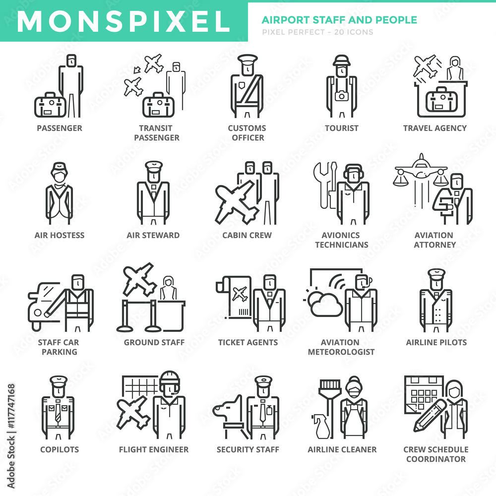 Flat thin line Icons set of Airport Staff and People for Web ...