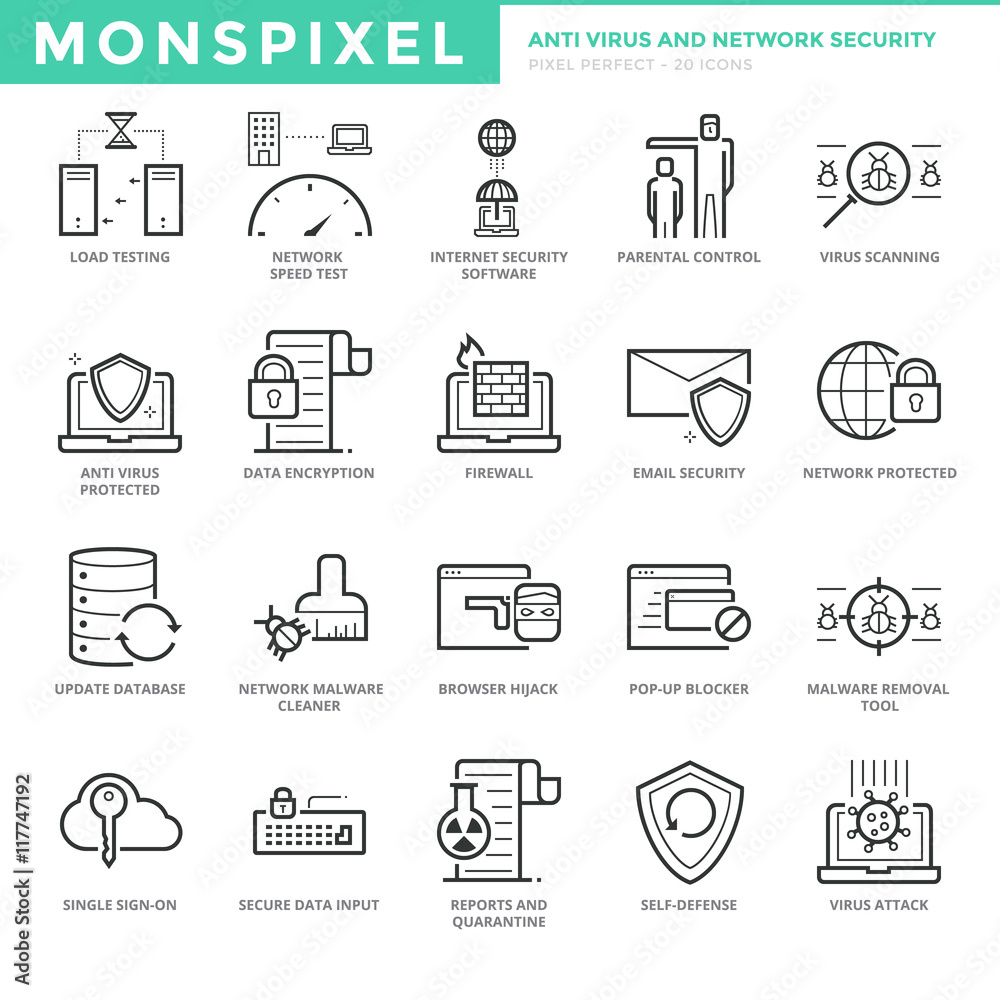 Flat thin line Icons set of Anti Virus and Network Security for Web ...